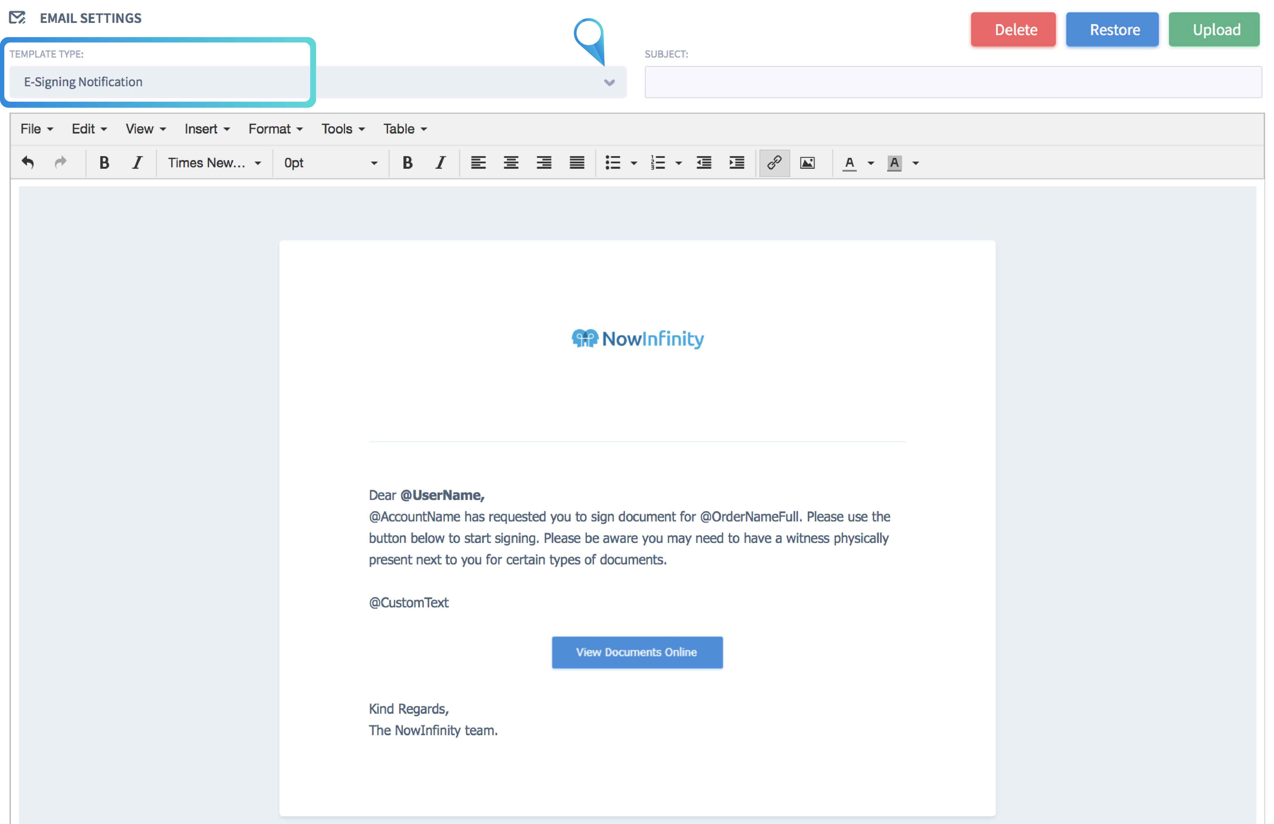 How to customise the E-signing email notifications – NowInfinity